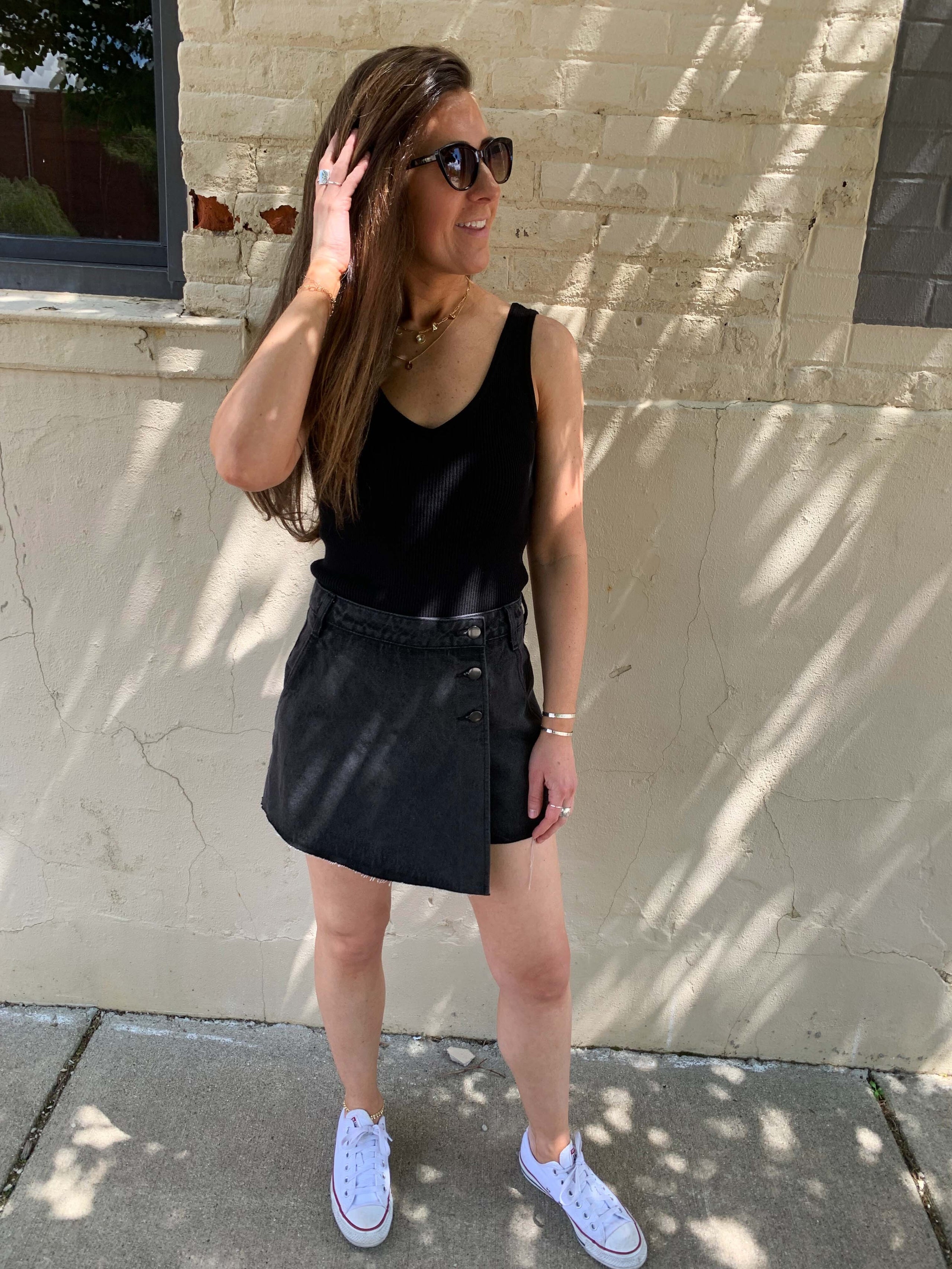 Washed Black Denim Skort | Silver + Vine